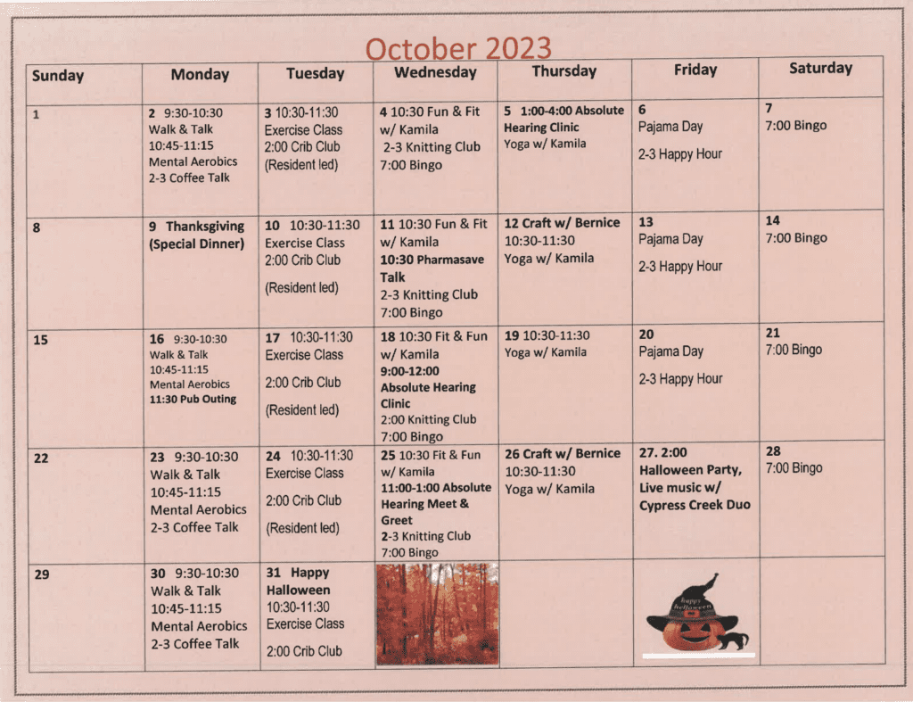 Arbourside Court October Calendar of Activity - Arbourside Court